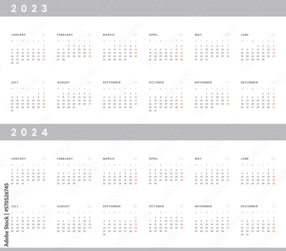 Set Of 2023 2024 Annual Calendar Template Vector Layout Of A Wall Or 