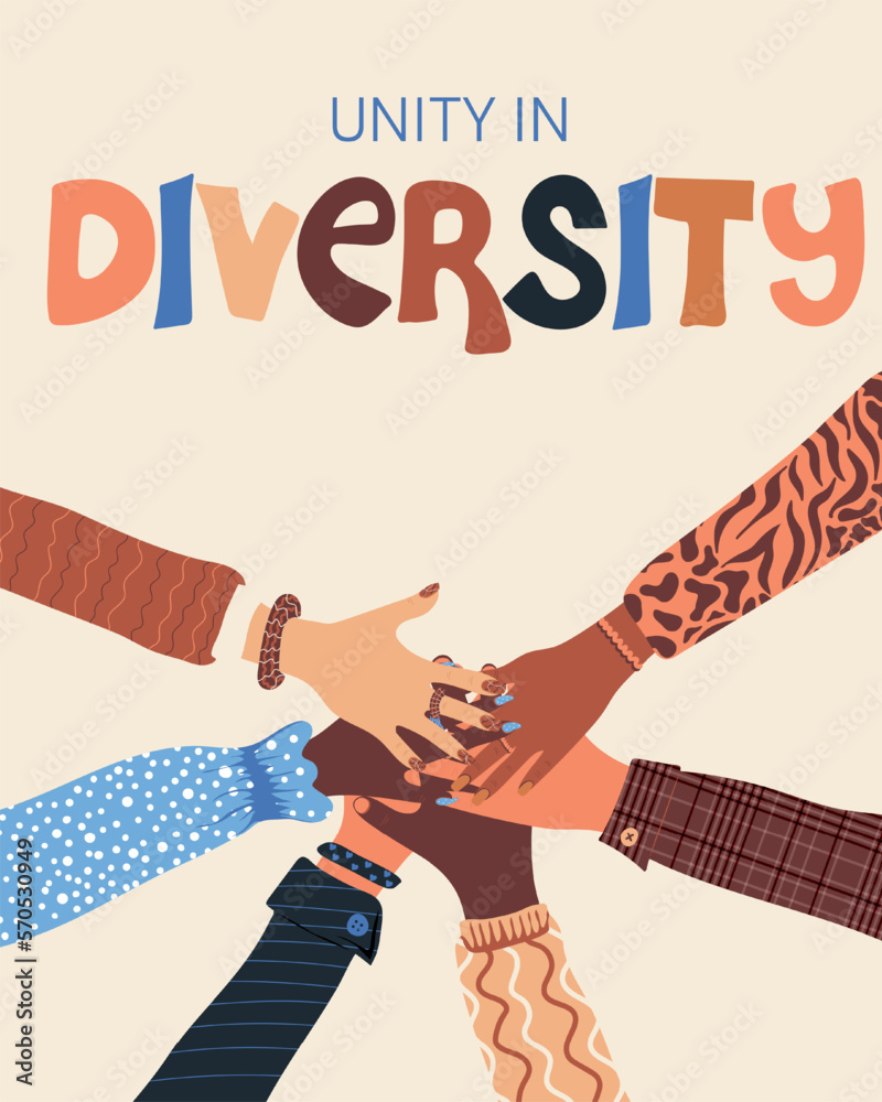 Unity in diversity. Group of diversity skin hands, touching each other ...