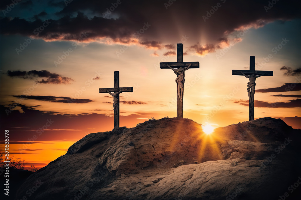 Three crosses on the mountain Jesus Christ on a sunset background ...