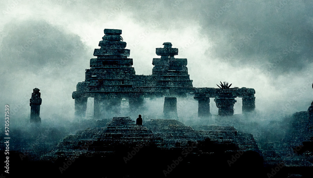 Impenetrable Mayan buildings and sanctuaries in a misty landscape. A ...