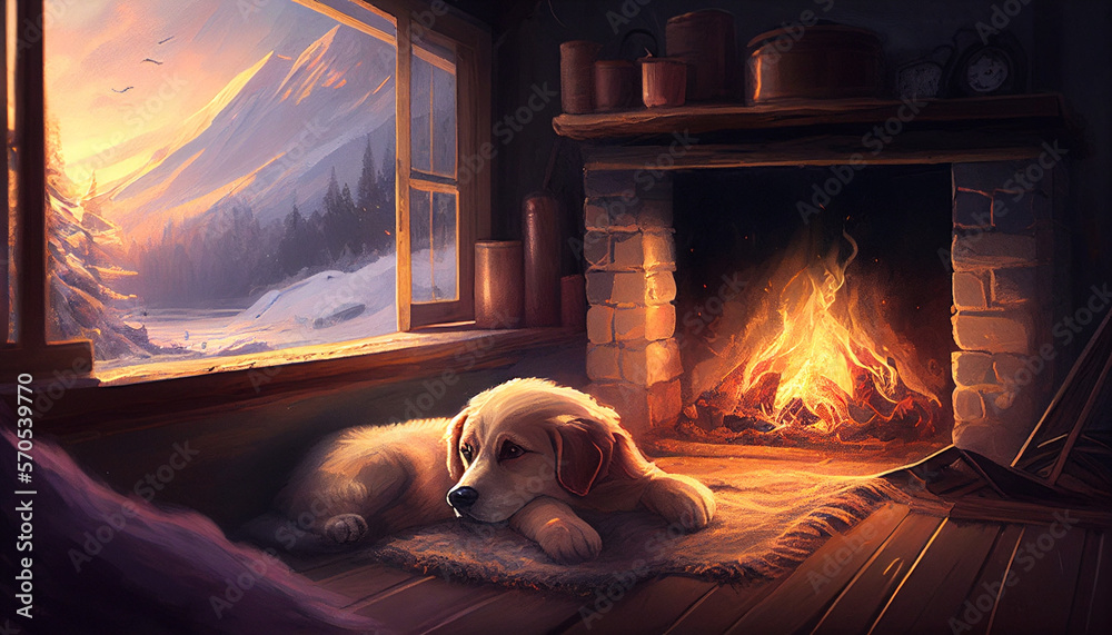 Cute dog in front of fireplace in cozy cottage with snowy mountain ...