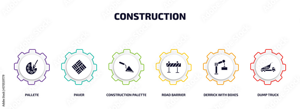 construction infographic element with filled icons and 6 step or option ...