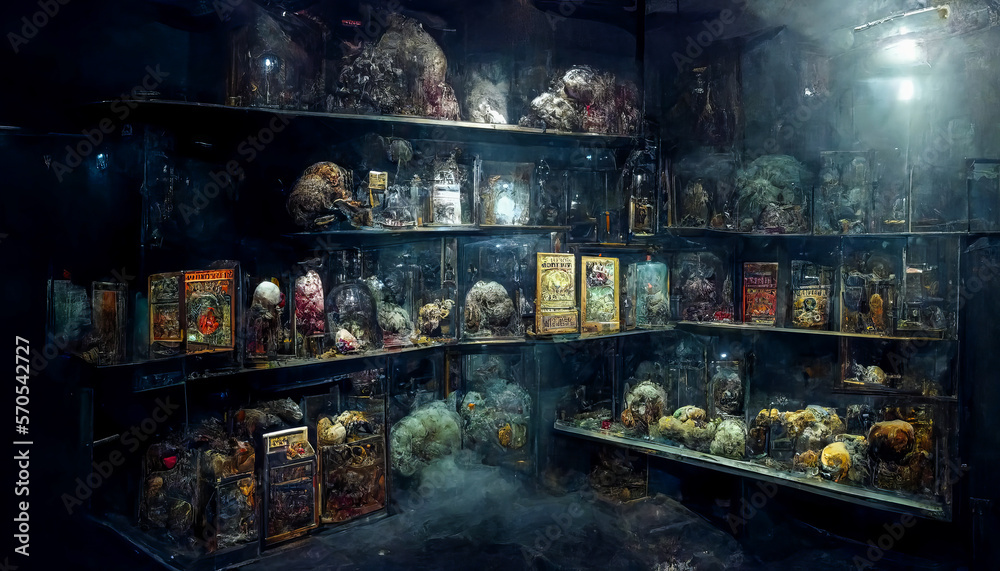 Abandoned cabinet of curiosities. Horrible items exposed like in a ...