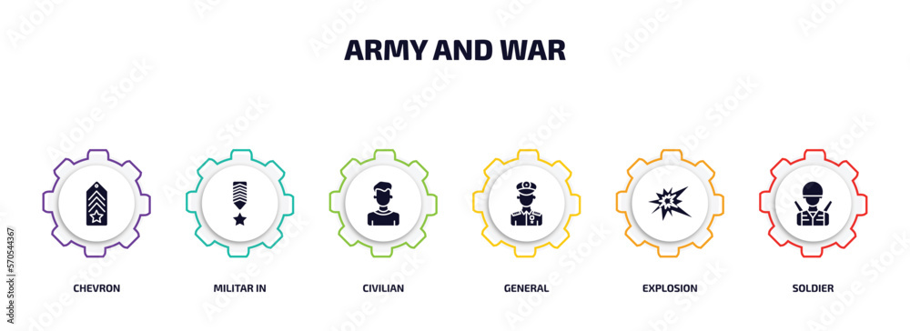 army and war infographic element with filled icons and 6 step or option ...