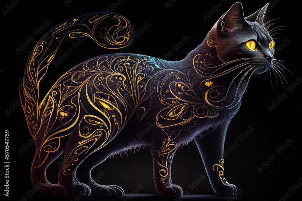 Gorgeous Black cat, full body, yellow eyes, Vivid colors, atmospheric ...