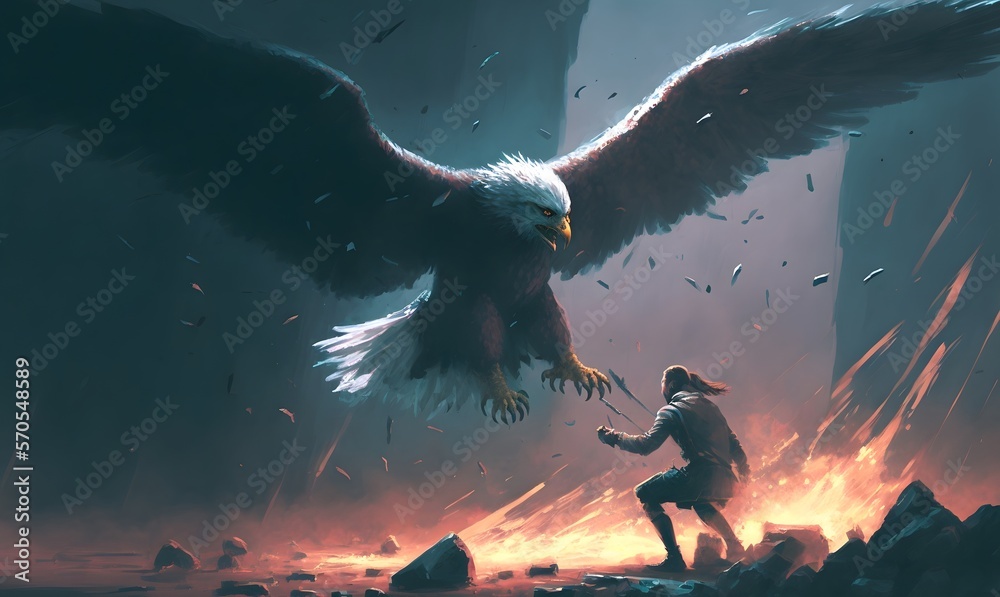 man fighting with the legendary eagle, digital art style, illustration ...