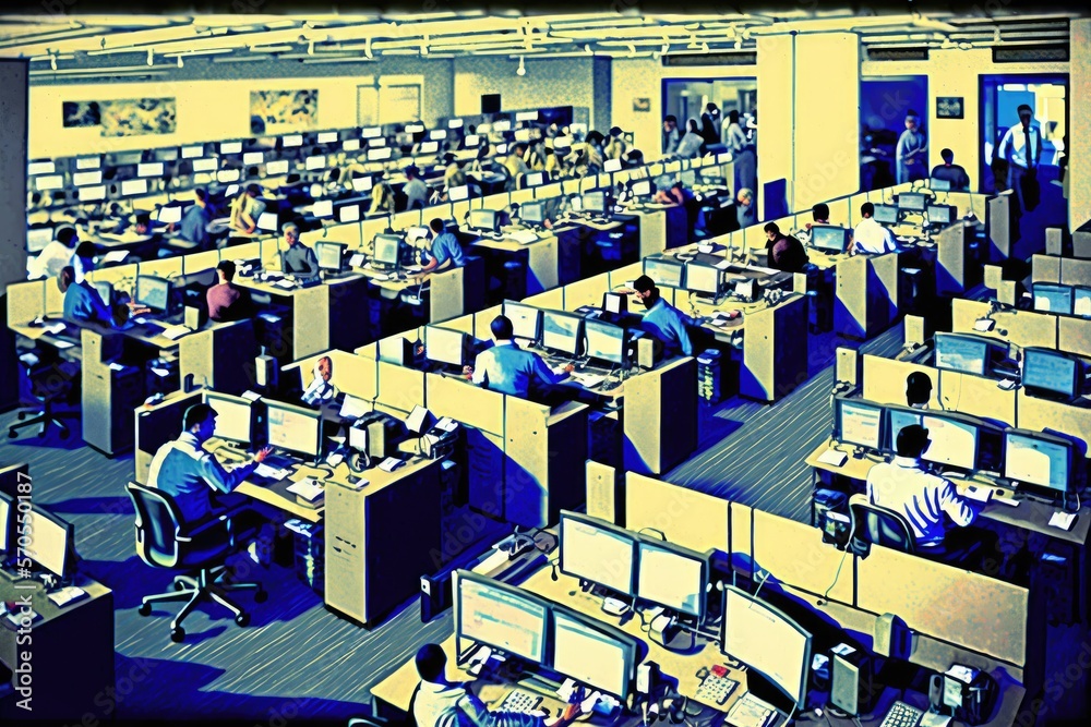 Busy call center, with rows of cubicles Stock Illustration | Adobe Stock