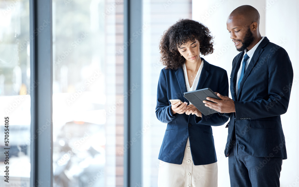 Business people, tablet and checking data in digital marketing ...