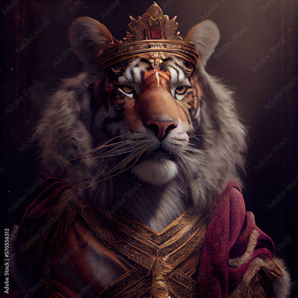 tiger dressed as royalty, gown, crown, tiger king concept, ai generated ...