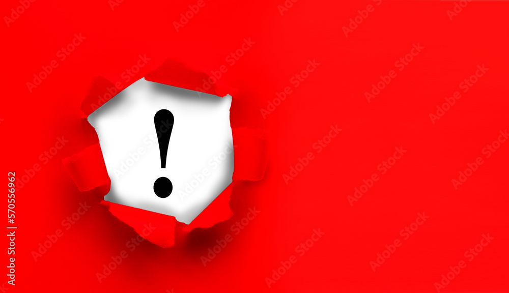 Weisses Loch in Rotem Papier mit Ausrufezeichen Stock Photo | Adobe Stock