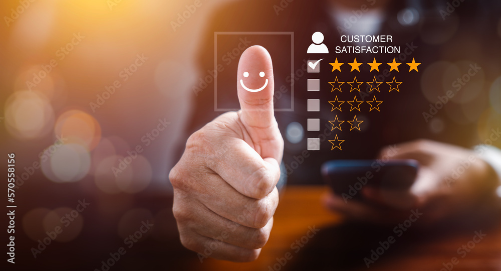Businessman give five star with excellent experience rating review on ...
