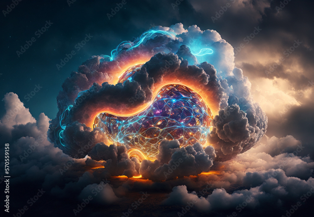 Concept art of cloud computing with swirling clouds and a glowing ...
