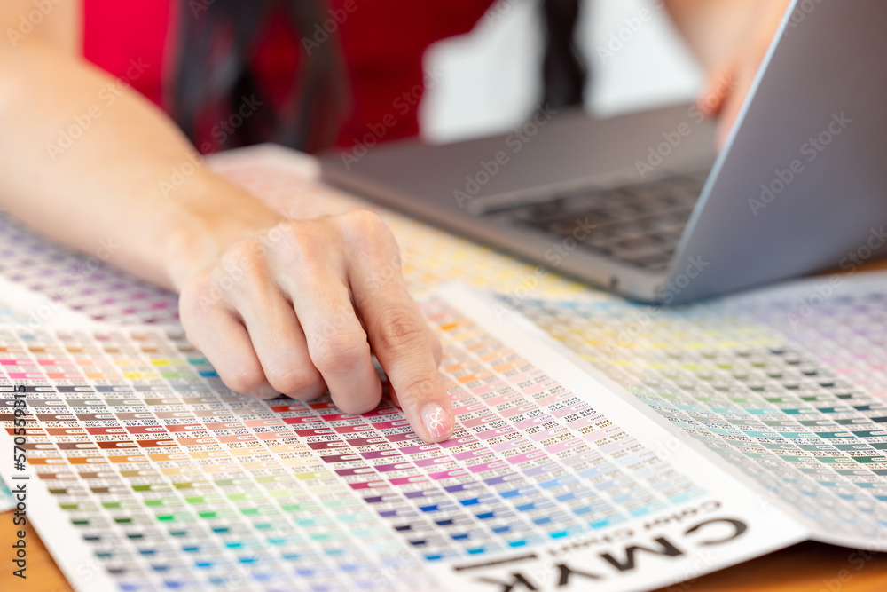 Close up, Woman's hands chosen color shades samples. Female interior ...