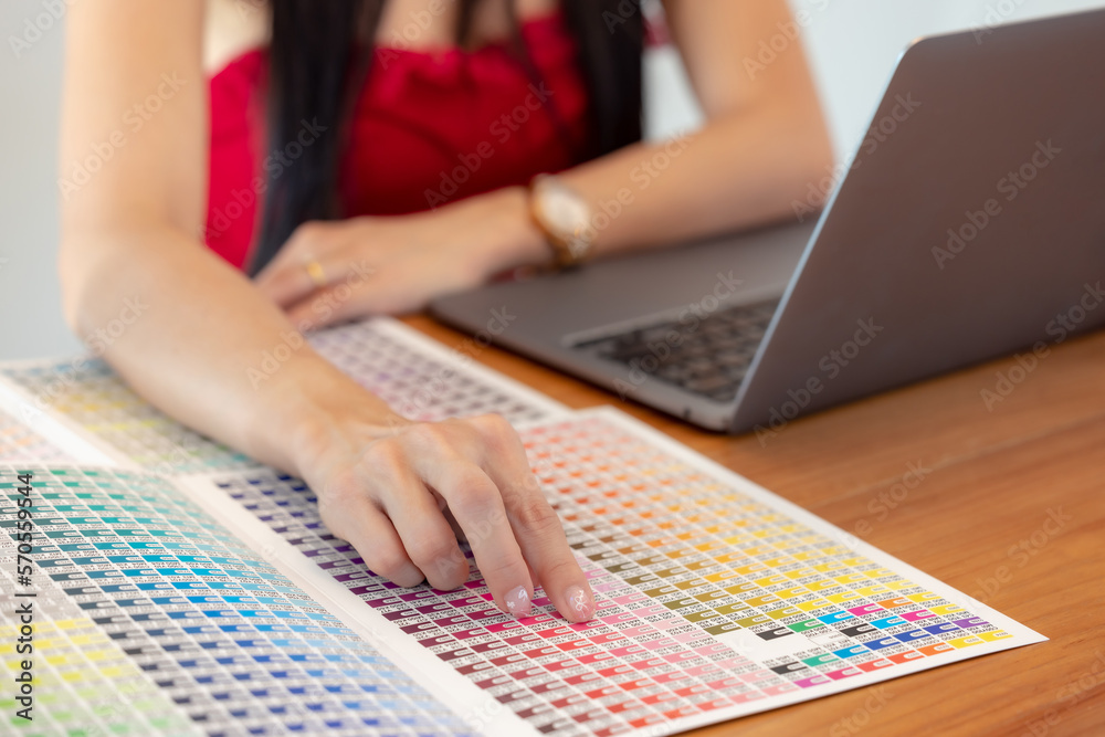 Close up, Woman's hands chosen color shades samples. Female interior ...