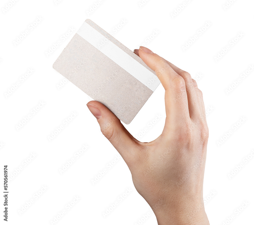 Reverse side of bank card in hand. holding credit bankcard, back view ...