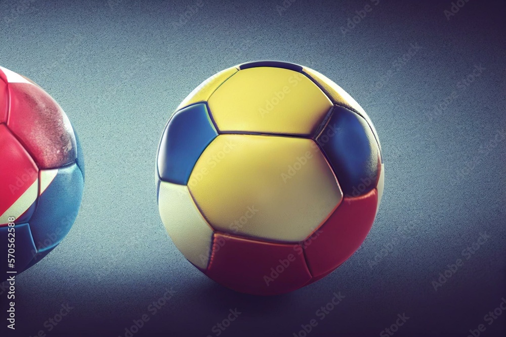 Two soccer balls in flags colors on stadium blurred background ...
