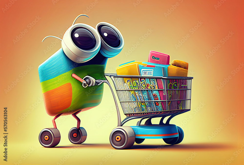 Robot pushing shopping cart full of goods. Cartoon style vivid 3D ...