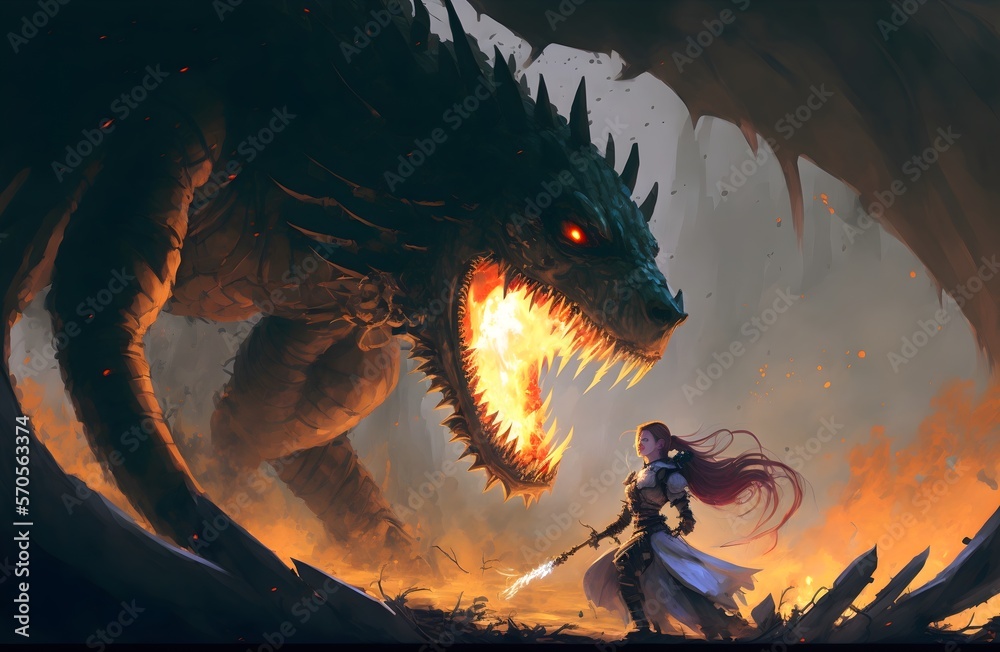 fantasy scene showing the girl fighting the fire dragon, digital art ...
