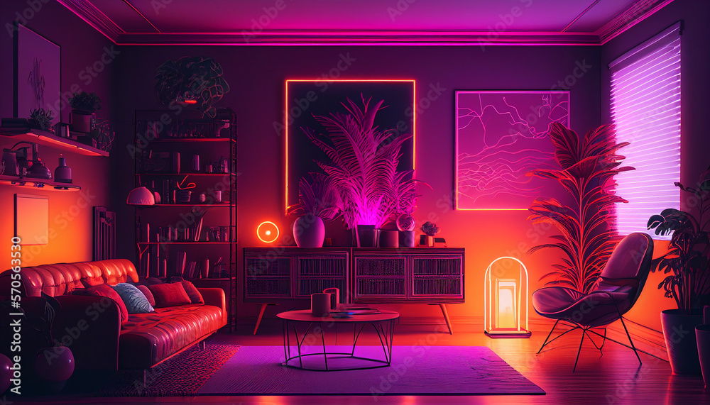 Cozy synthwave styled interior in pink-orange-purple tones and neon ...