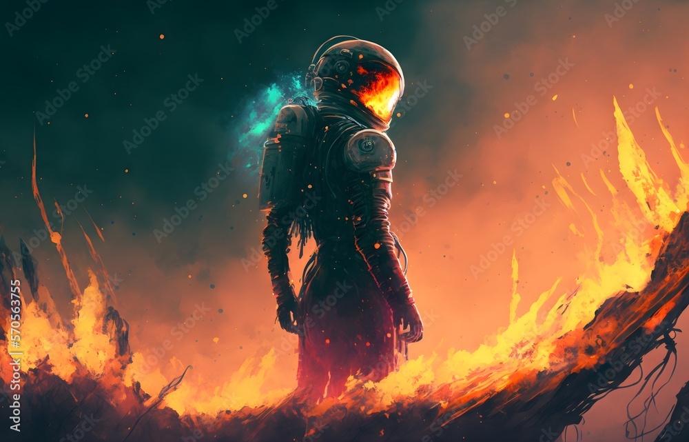 sci-fi character of an astronaut standing on fire, digital art style ...