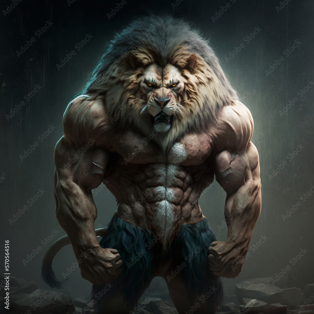 Evil lion with big muscles jock, portrait generative ai Stock ...