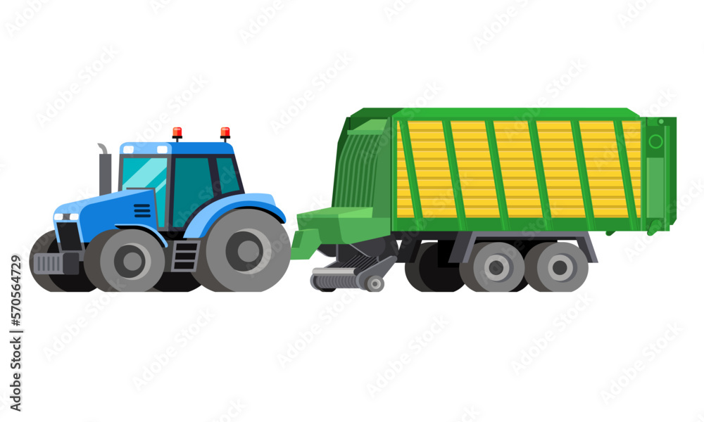 Self loading silage of forage wagon trailed by tractor for collecting ...