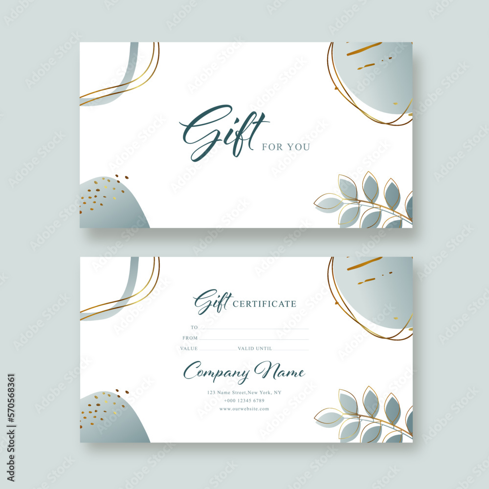 Gift voucher card template. Modern discount coupon or certificate layout with abstract golden ...