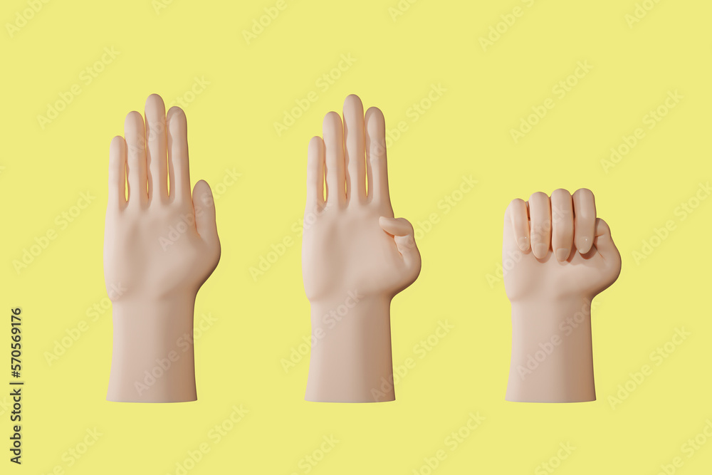 3D render of hand signal for help isolated on yellow background. There ...