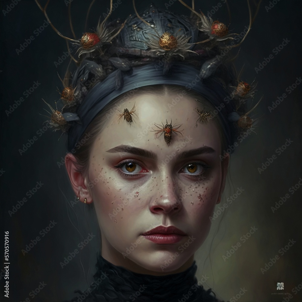 Beautiful brunette with a crown of worms on her head. Image generated ...