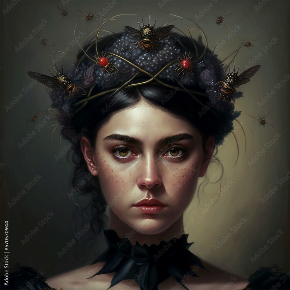 Beautiful brunette in a crown of bugs on her head. Image generated by ...