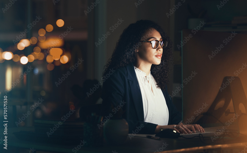 Office, business and black woman on computer for research, project ...