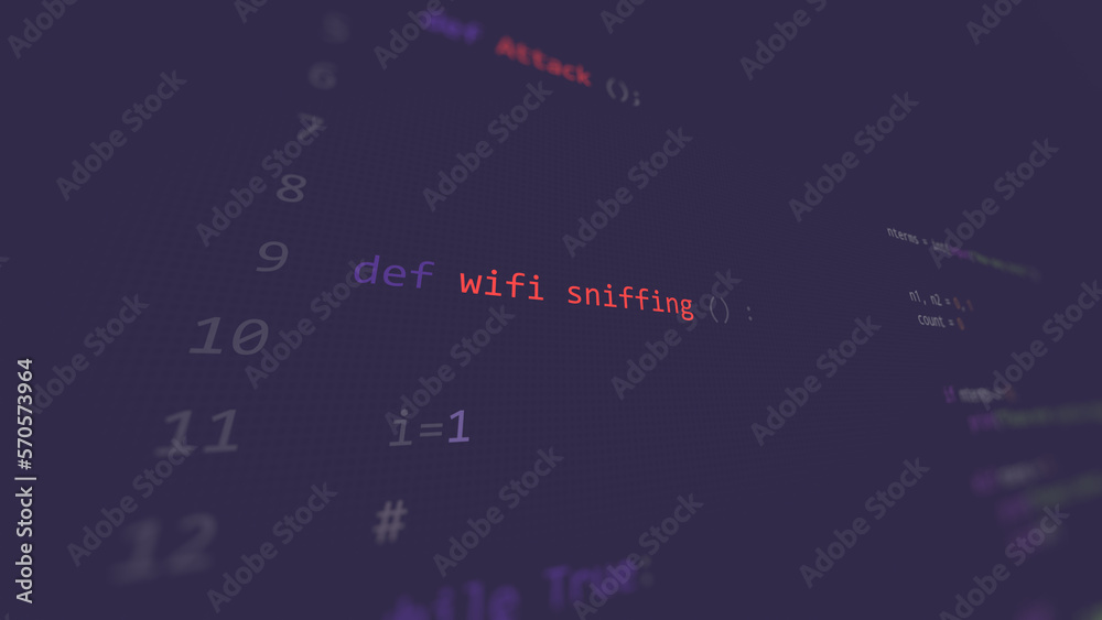 Cyber attack wifi sniffing vunerability in text ascii art style, code on editor screen ...