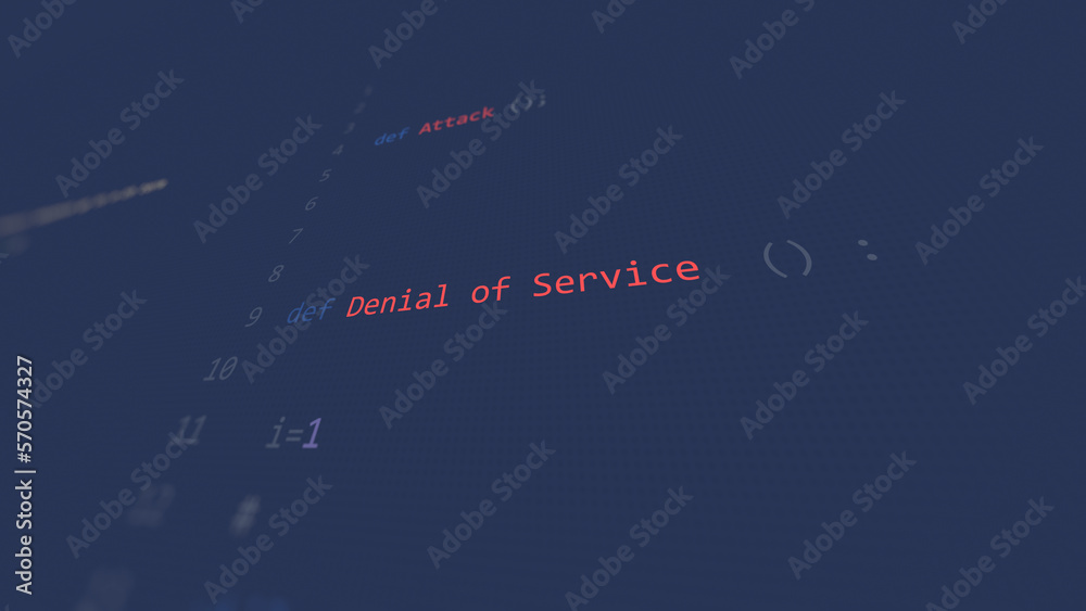 Poster Cyber attack Denial of Service (DoS) vunerability in text ascii art style, code on editor ...