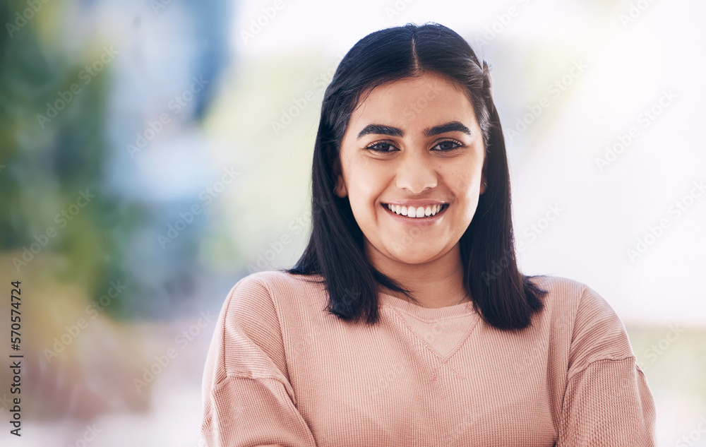 Portrait of young Indian woman happy with internship in Human Resources ...