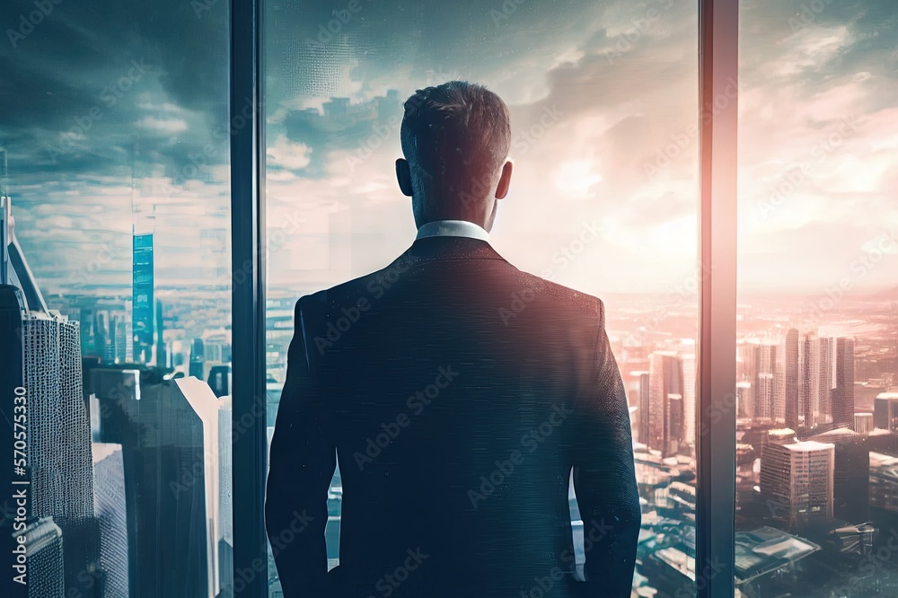 Back view of businessman suit standing at office looking at city ...