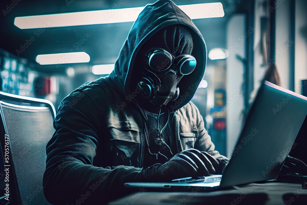 Cyberpunk hacker in hoodie and sunglasses hiding face under scary mask, hacking security system ...
