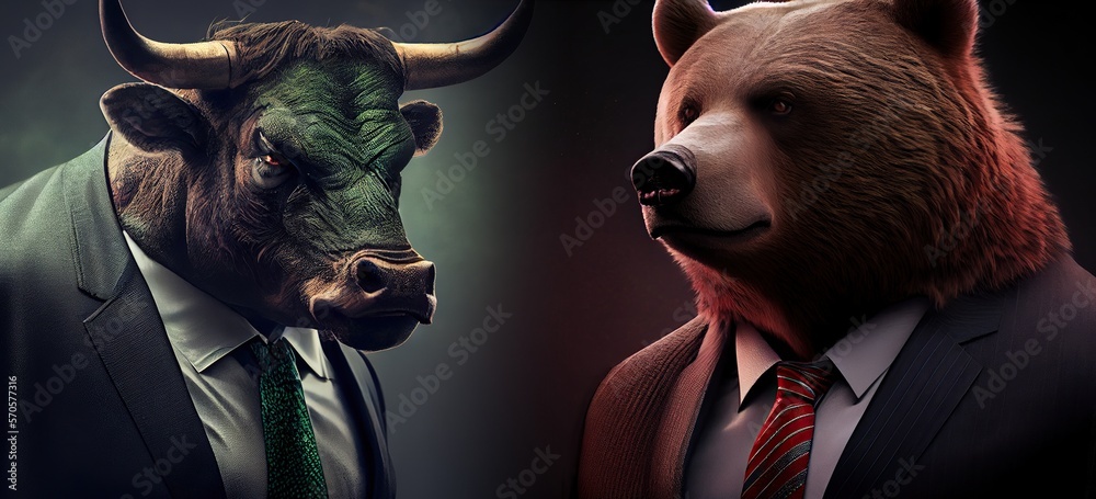 Bull versus bear in suits facing each other, trading on forex concept ...