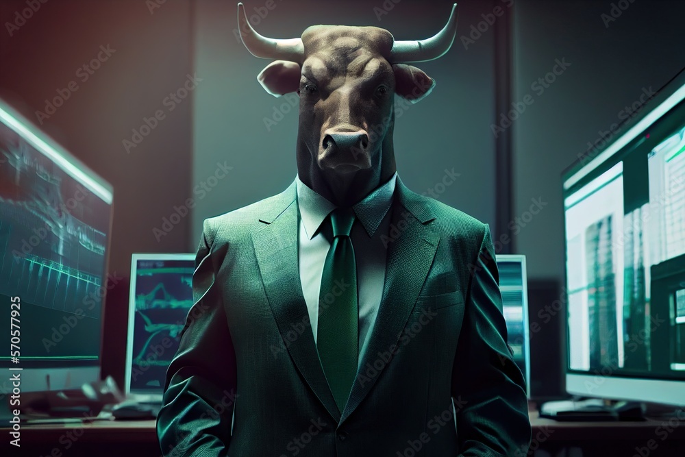 Bull market. Bull in suit with green candlestick charts on monitors in ...