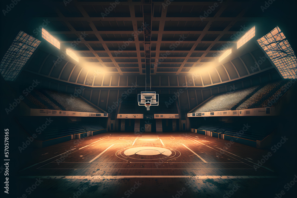 Interior view of an illuminated basketball stadium for a game. Neural ...