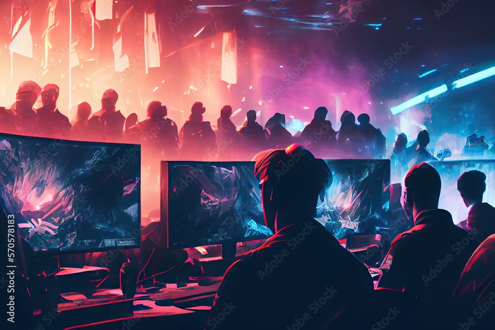 Major esports event, team of professional gamers playing in offline ...