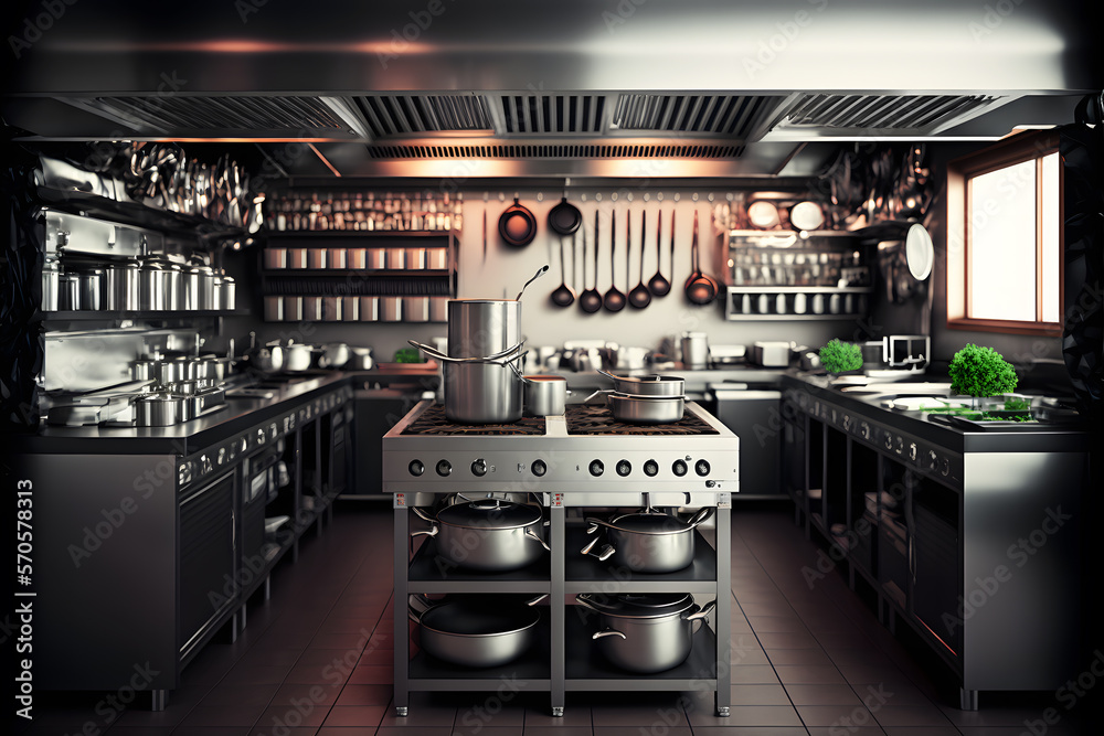 Professional restaurant kitchen interior with cooking supply and ...