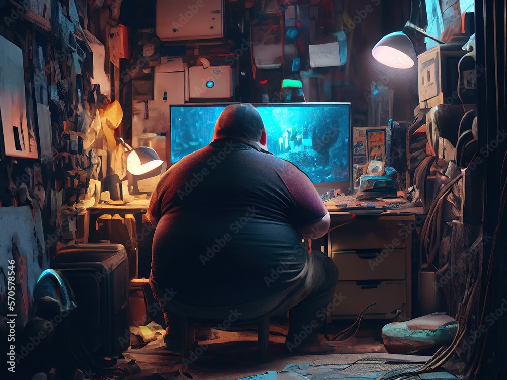 Video game addiction. Back view of obese man sitting on floor with ...