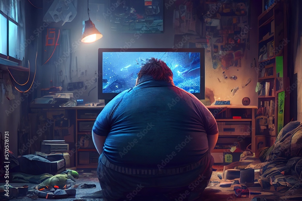 Video game addiction. Back view of obese man sitting on floor with ...