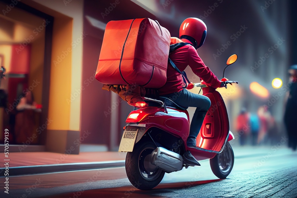 Delivery man on scooter driving on the street of city. Food delivery app. Generative AI Stock ...