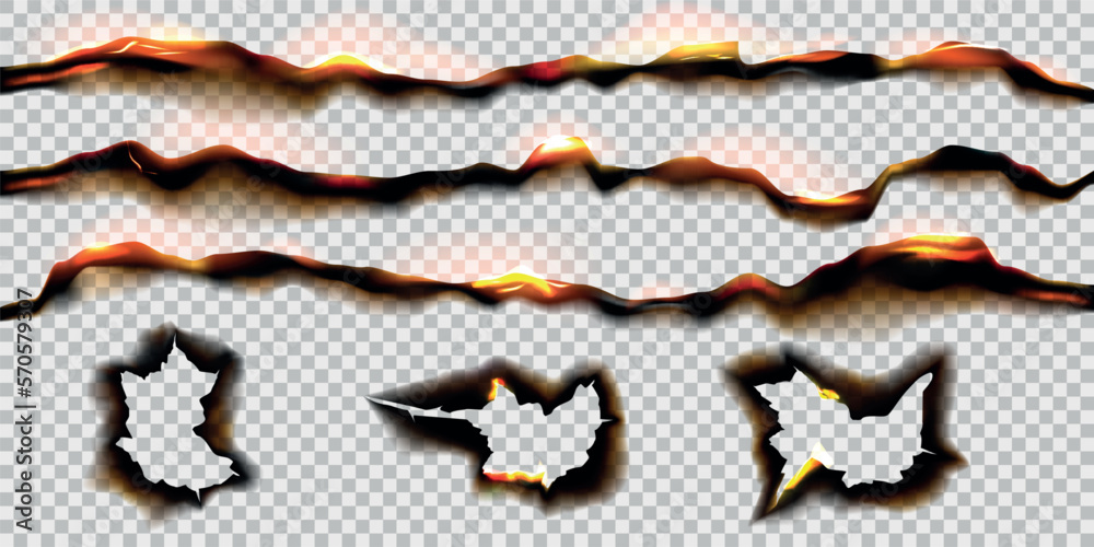 Back paper ashes. Burned pages. Retro broken sheets. Scorched scroll ...