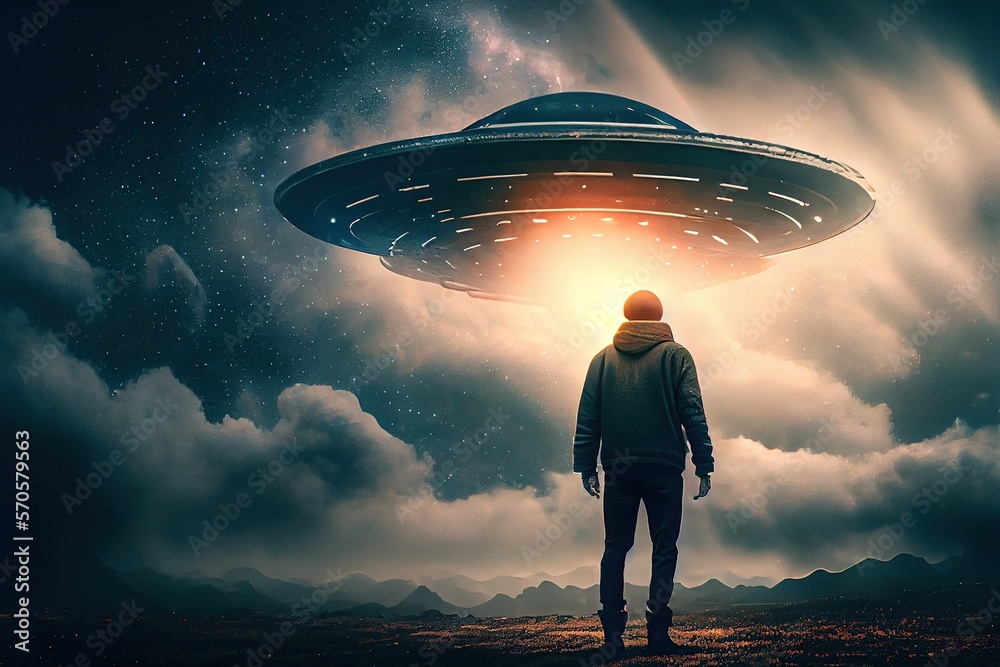 Back view of man looking at alien invasion, UFO flying in the sky ...