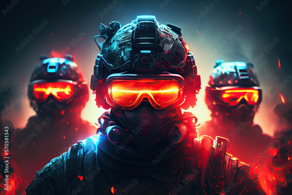 Cyberpunk special forces in helmets and gas masks. Generative AI Stock ...
