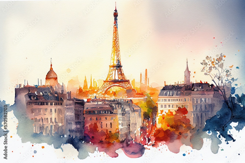 Panoramic view painting of spring Paris with Eiffel Tower, postcard ...