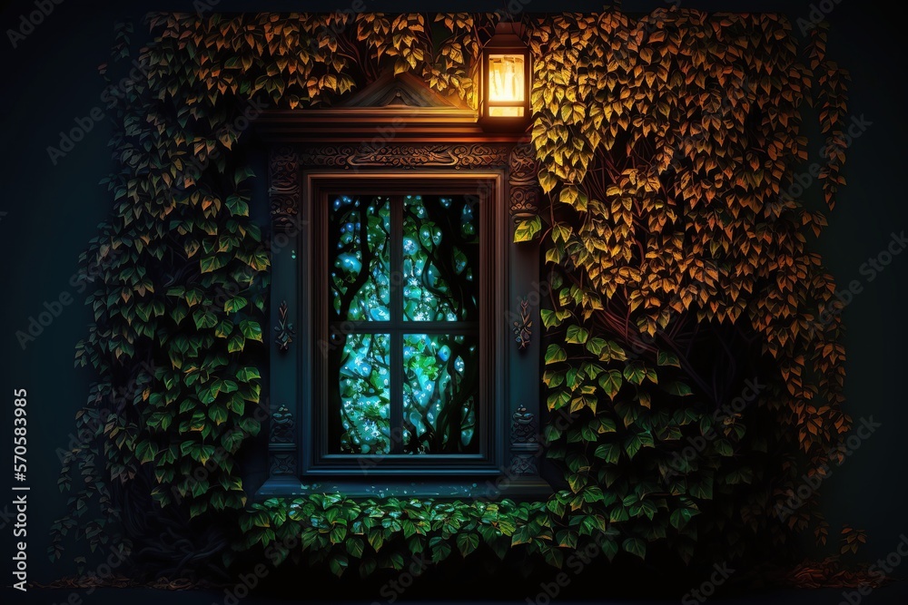 Outdoor window glowing light with ivy tree and facade lantern ...