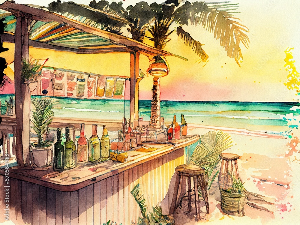 Watercolor painting of tropical cocktails on beach bar counter ...